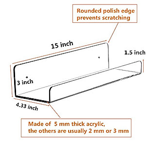 CY craft Clear Acrylic Floating Shelves Display Ledge, 5 MM Thick Wall Mounted Storage Shelf for Kitchen/Bathroom/Office,Invisible Kids Bookshelf and Spice Rack,15 Inch,Set of 4