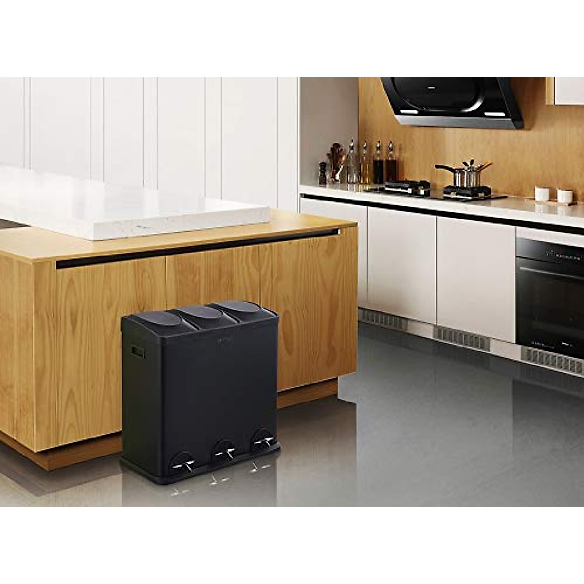 The Step N' Sort 16 Gallon, 3 Compartment Trash and Recycling Bin in Black, Large (900603B)