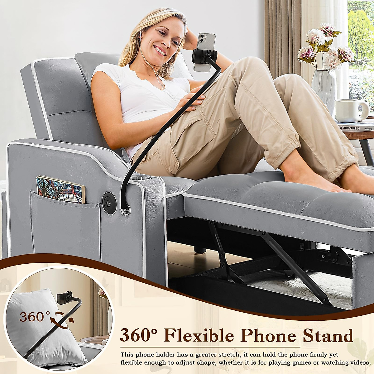 KINFFICT Sleeper Sofa Chair Bed, Convertible 3-in-1 Sofa Armchair, Adjustable Sleeper Chair with Pullout Bed, Single Lounger Futon Chair Bed with Side Pockets for Living Room (Grey)