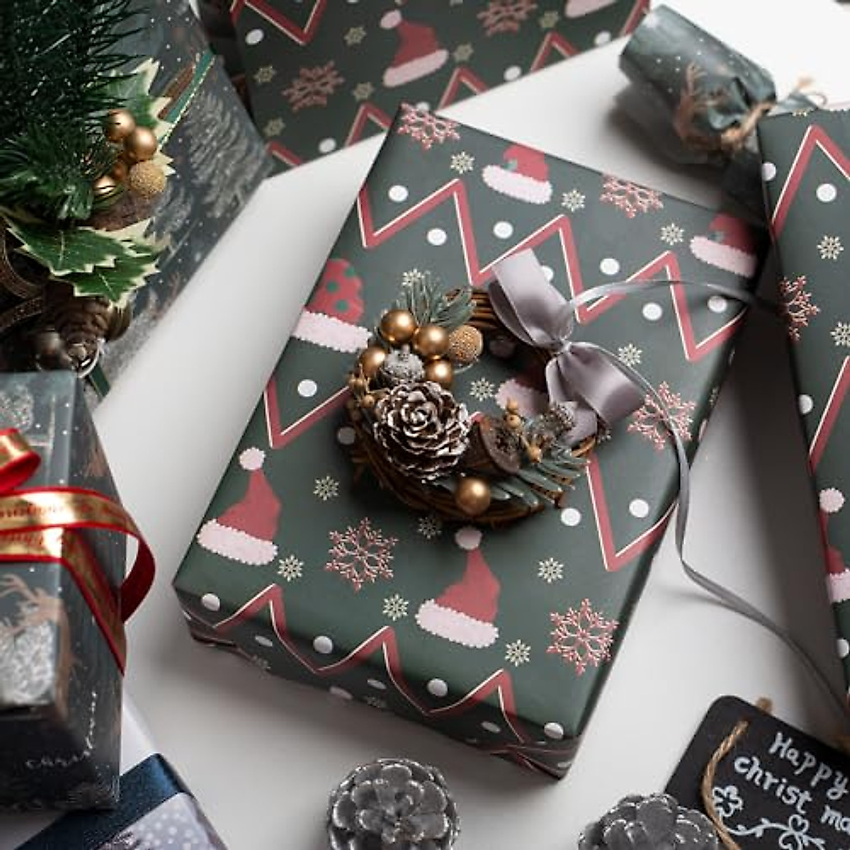 Homeral Christmas Wrapping Paper Sheet-27.6 x 19.7 inches 12 Sheets 6 Designs Kraft Paper with Christmas Tree,Reindeer,Santa,Snowman for Christmas Winter Kids Adults Celebrating