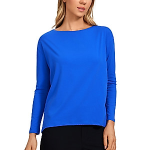 CRZ YOGA Pima Cotton Long Sleeve Workout Shirts for Women Loose Fit Athletic Yoga Shirt Casual Boat Neck Fall Tops Strong Blue X-Large