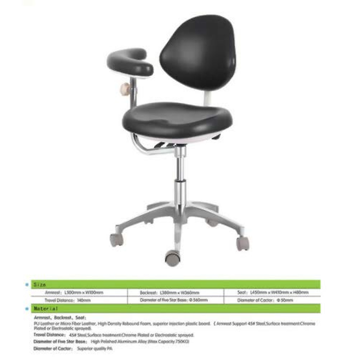 Aries Outlets Dental Adjustable Doctor's Stool Assistant Chair+360 Degree Rotation Armrest PU