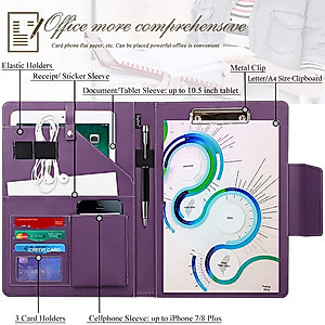 Toplive Portfolio Case Padfolio, Executive Business Document Organizer with Letter Size Clipboard, Business Card Holder, Tablet Sleeve, for Business School Office Conference, Purple