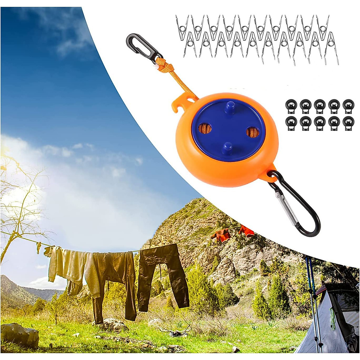 Retractable Camping Clothesline, Adjustable Travel Laundry Rope, Heavy Duty Washing Line with 20 Clothespins & 10 Stoppers for Indoor/Outdoor, Camping, Travel, Courtyard, 26ft