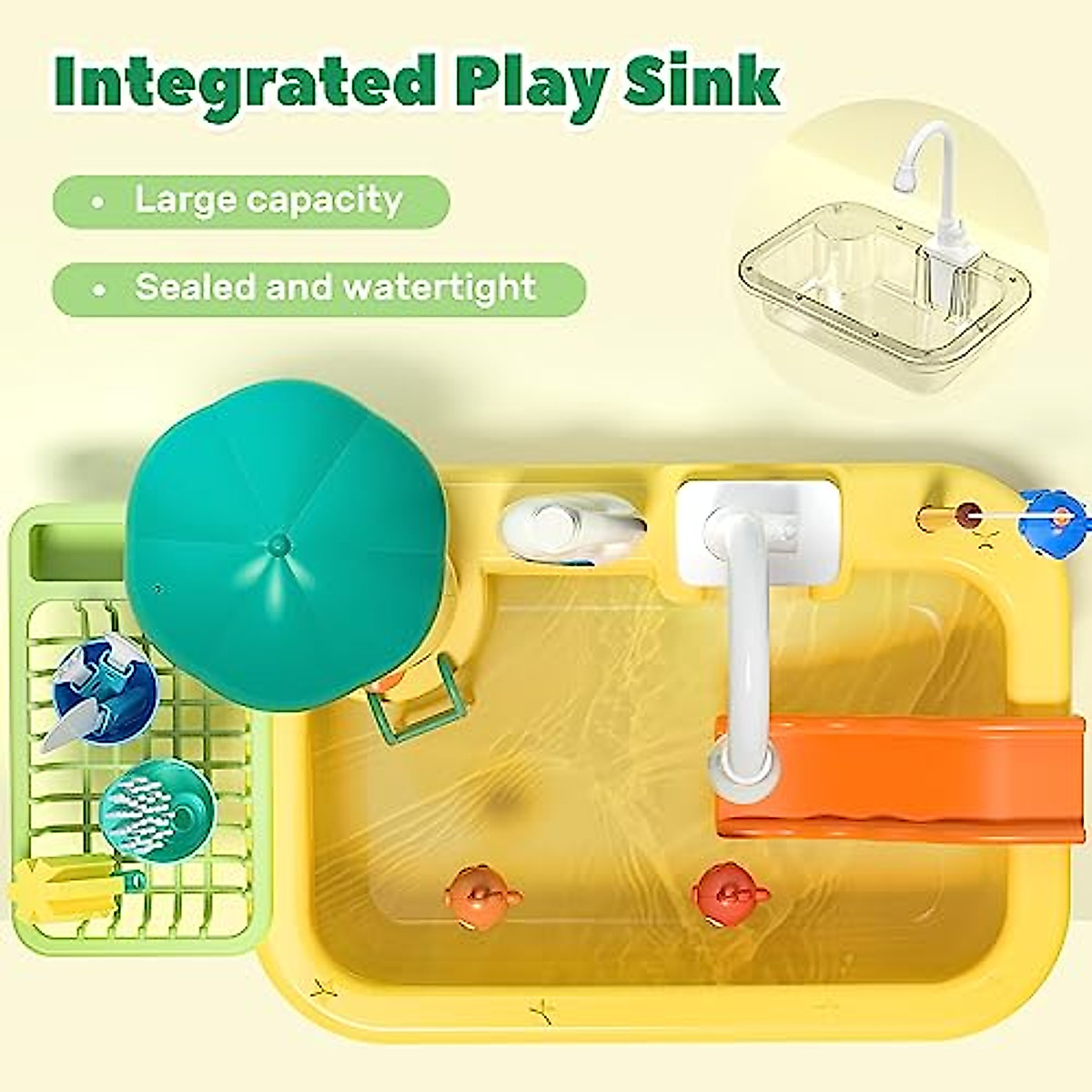 CUTE STONE Play Sink with Running Water, Kitchen Sink Toys with Play Food and Kitchen Utensils, Pool Floating Toys for Fishing Game, Children Role Play Electric Dishwasher Toy Gift for Boys Girls