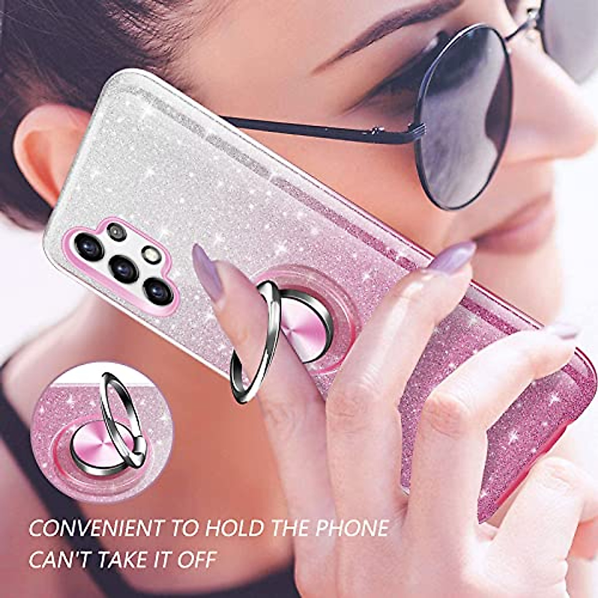 KSWOUS Galaxy A32 5G Case with 2 Pack Screen Protector, Crystal Clear Glitter Sparkly Bling Pink Protective Cover with Kickstand for Women Girls Slim Shockproof Case for Samsung A32 5G (Pink)
