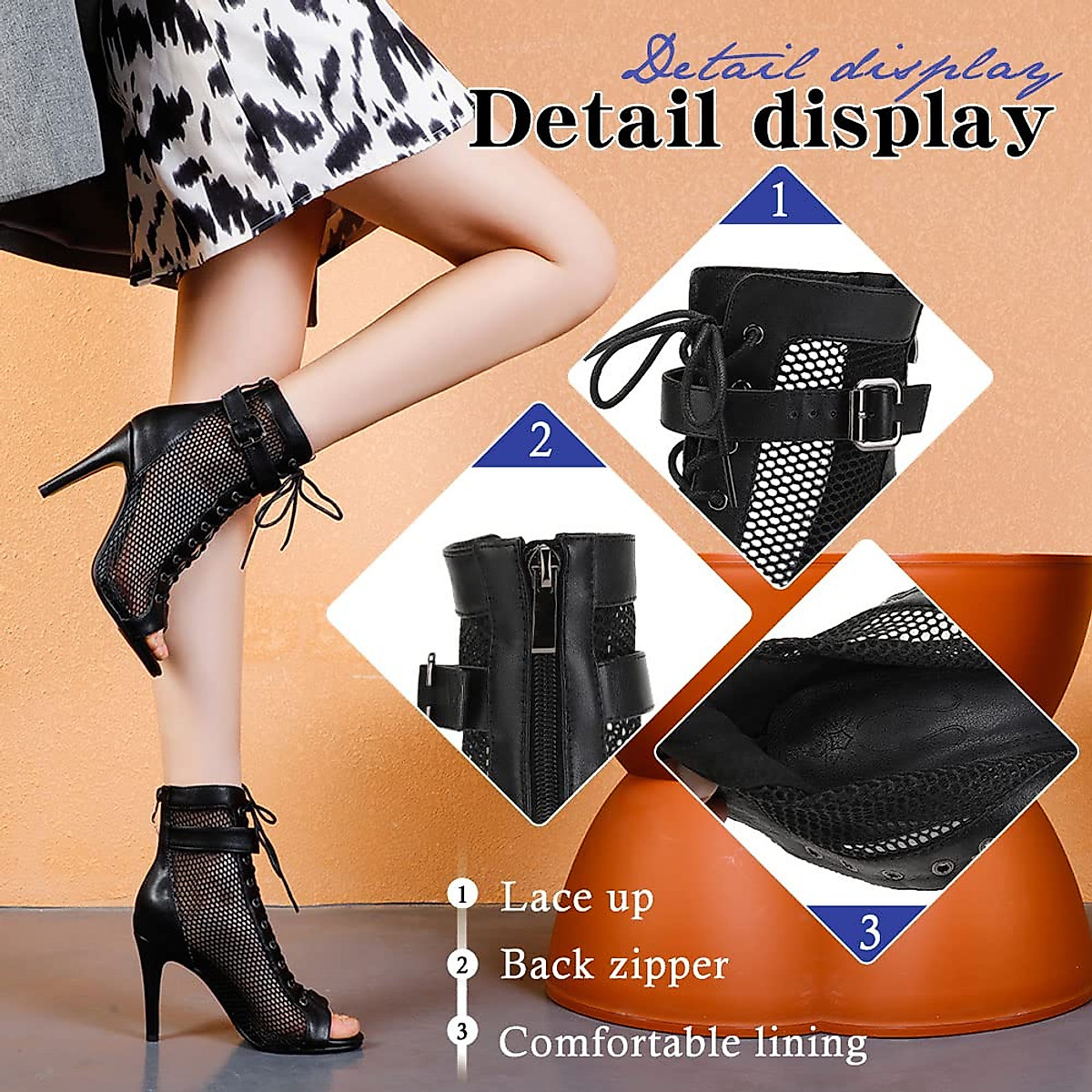 VCIXXVCE Women's Dance Heel Booties High Heels Black Peep Toe Ballroom Heels 4 Inch Dance Shoes Latin Salsa Zipper Dancing Shoes, 8 US