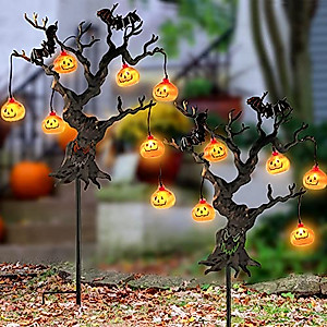 2 Pack Halloween Metal Pumpkin Yard Stakes Sign Lights, Halloween Yard Decorations with 6 Pumpkin Lights and 2 Iron Bats with 8 Modes, Halloween Pathway Lights for Lawn Garden Yard, Us Plug