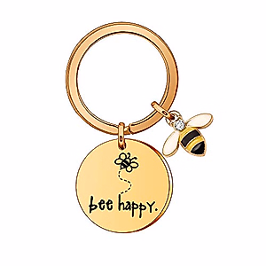 Women's Keychain" Bee Happy" Keyring Keychain, Gift for Mom, Aunt, Daughter, Niece, Friends (Rose Gold)