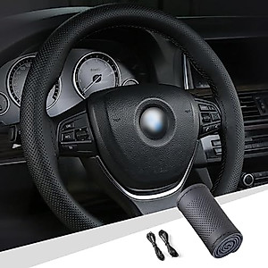 QODOLSI 1 PC Car Steering Wheel Protector Cover, 14.96" Hand-Stitched Leather Sweat-Absorbent Steering Wheel Cover Tie with Air Hole, Motors Comfort Touch Accessory, for Cars, SUVs (Black)