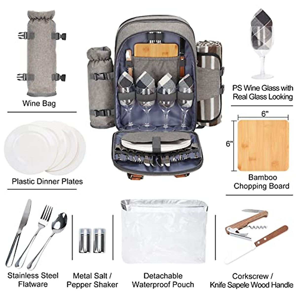 Picnic Backpack for 4 Person with Blanket, Picnic Bag Set with Cooler Compartment, Insulated Waterproof Pouch, Detachable Bottle/Wine Holder for Family Outdoor Camping, Beach, Day Travel, Hiking, BBQs