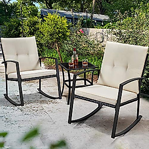 Yaheetech 3-Piece Patio Furniture Set, Outdoor Rocking Chairs Bistro Set, 2 PE Rattan Chairs with Glass Coffee Table Wicker Furniture Set - for Garden Balcony Backyard Poolside