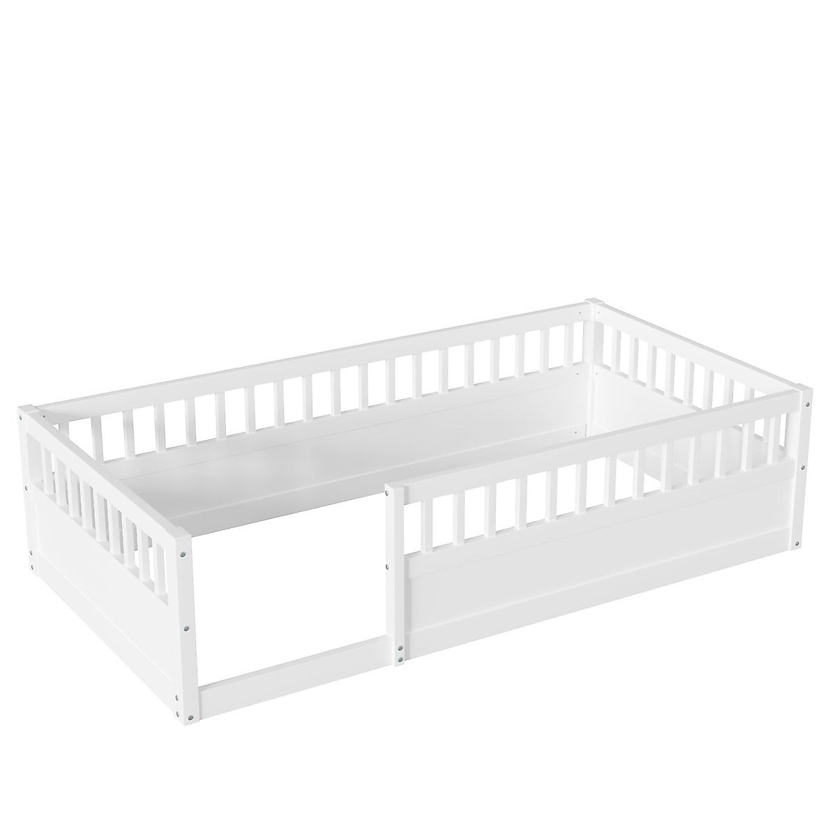 FUQIAOTEC Twin Size Kids Floor Bed Frame, Montessori Wood Floor Bed with Safety Guardrails and Slats for Bedroom Playroom, White Fence, 78" W x 41" D x 20" H