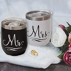 Mr and Mrs Wedding Gift Box Set for Bride & Groom - 12 oz Stainless Steel Wine Tumbler/Cup/Mug/Honeymoon/Bridal Shower/Bride to be/Engagement/Bachelorette Party for Newlyweds Couples/Husband and Wife