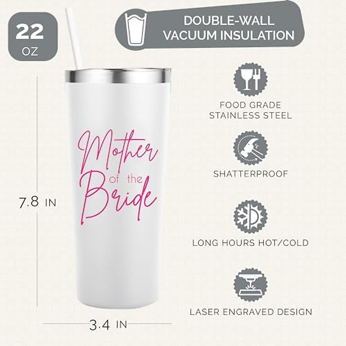 Your Dream Party Shop Mother of the Bride Tumbler, 22oz - Stainless Steel Insulated Wine Cup with Lid and Straw - Mother of the Bride Gifts From Daughter