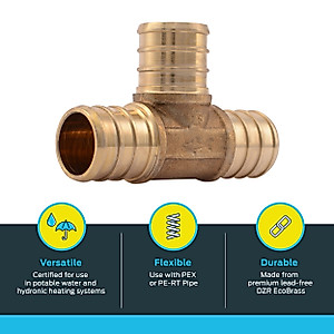 SharkBite 3/4 Inch Crimp Tee, Pack of 10, Brass Plumbing Fitting, PEX Pipe, PE-RT, UC370LFA10