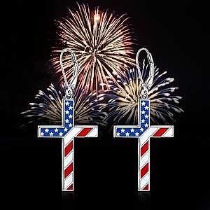 Patriotic 4th of July Earrings for Women Cross Fourth of July American Flag Earrings Dangle Sterling Silver Red White and Blue Veterans USA Independence Day Gifts