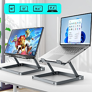 ROADOM Laptop Stand for Desk, Adjustable Ergonomic Laptop Riser, Foldable Portable Computer Stand for Laptop Tablet Portable Monitor (10-17.3''),Aluminum Alloy, Silver