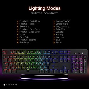 TECWARE Phantom 104 Key Full Size RGB Mechanical Gaming Keyboard with Numpad, LED Backlit, Typewriter Sound, Clicky Switch, Outemu Blue