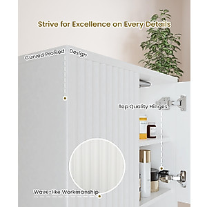 HAIOOU Fluted Bathroom Wall Cabinet with Motion Sensor Light, Curved Profile Wooden Medicine Cabinet Wall Mounted Cupboard, Wave Like Over Toilet Storage Cabinet with Buffering Hinges - Modern White