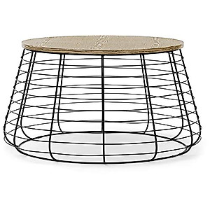 ClickDecor Lydia Matte Black Wireframe Coffee Table, Modern Farmhouse Round Living Room Accent Furniture Distressed Wood Finish Tabletop, Fully Assembled, Brown 23.6D x 23.6W x 19.7H in