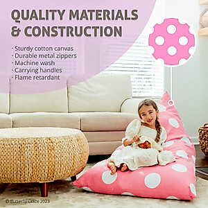 Butterfly Craze Bean Bag Chair Cover, Functional Toddler Toy Organizer, Fill with Stuffed Animals to Create a Jumbo, Comfy Floor Lounger for Boys or Girls, Stuffing Not Included, Light Pink Polka Dots