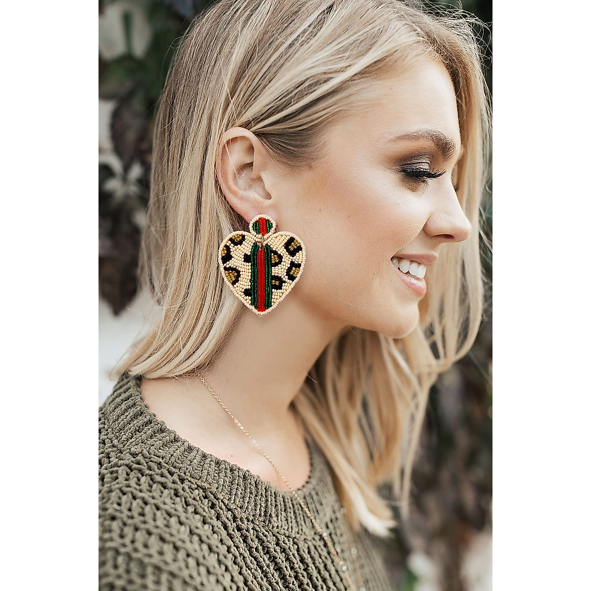 Beaded Dangle Earrings for Women Leopard Pattern Bead Heart Earrings Boho Statement Drop Earring Studs for Holiday Birthday Valentine’s Day Gifts