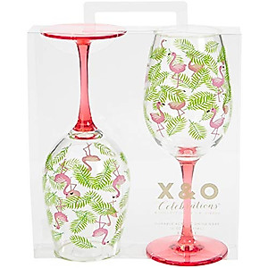 X&O Paper Goods Tropical Pink Flamingo and Palm Leaf Plastic Wine Glass Set, 2pcs, 16 oz., 3.5'' W x 8.75'' H