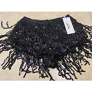 Yollmart Women's Sequins Tassel Skirts Shorts Booty Dance Festival Bottoms (X-Large, Black)