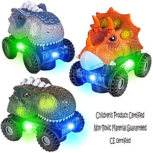 Dinosaur Cars with LED Light & Sound Dino Car Toys Car Gifts Animal Vehicles Monster Truck Playset for Boys Girls Toddles Kids Birthday Gifts Classroom Prize (3 Pack)