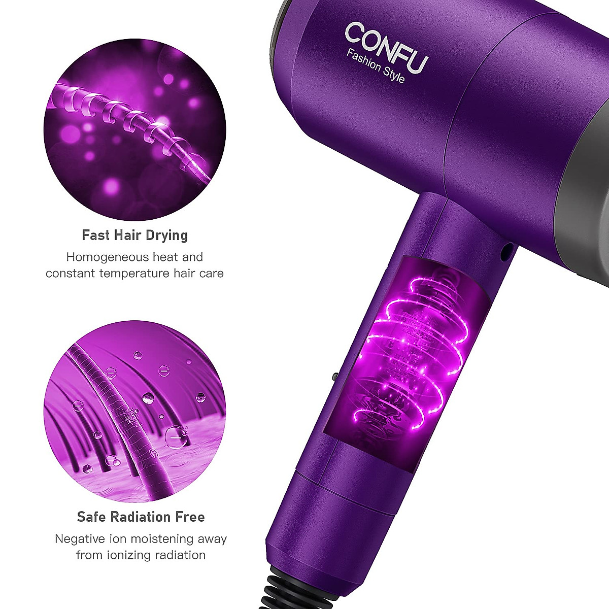 CONFU 1600W Hair Dryer, Lightweight Hair Blow Dryer, Ionic Hair Dryers with Diffuser & Concentrator & Cool Shot Button for Travel Salon Home Use, Purple