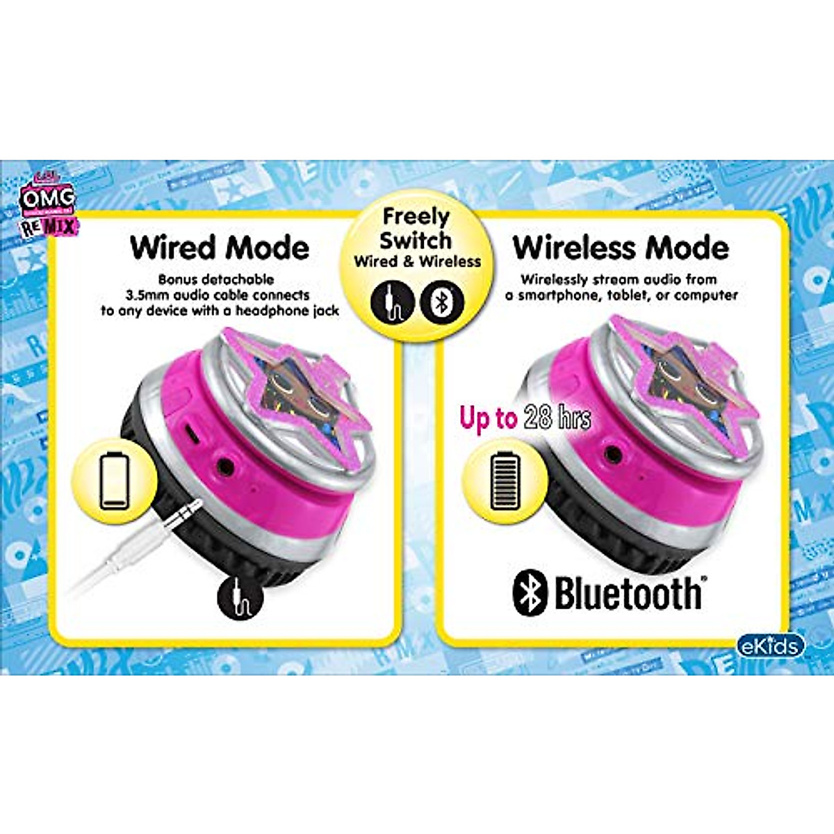 eKids LOL Surprise Kids Bluetooth Headphones, Wireless Headphones with Microphone Includes Aux Cord, Volume Reduced Kids Foldable Headphones for School, Home, or Travel