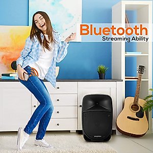 Pyle 800W Portable Bluetooth PA Speaker - 8’’ Subwoofer, LED Battery Indicator Lights w/ Built-in Rechargeable Battery, MP3/USB/SD Card Reader, and UHF Wireless Microphone - Pyle PSBT85A,Black