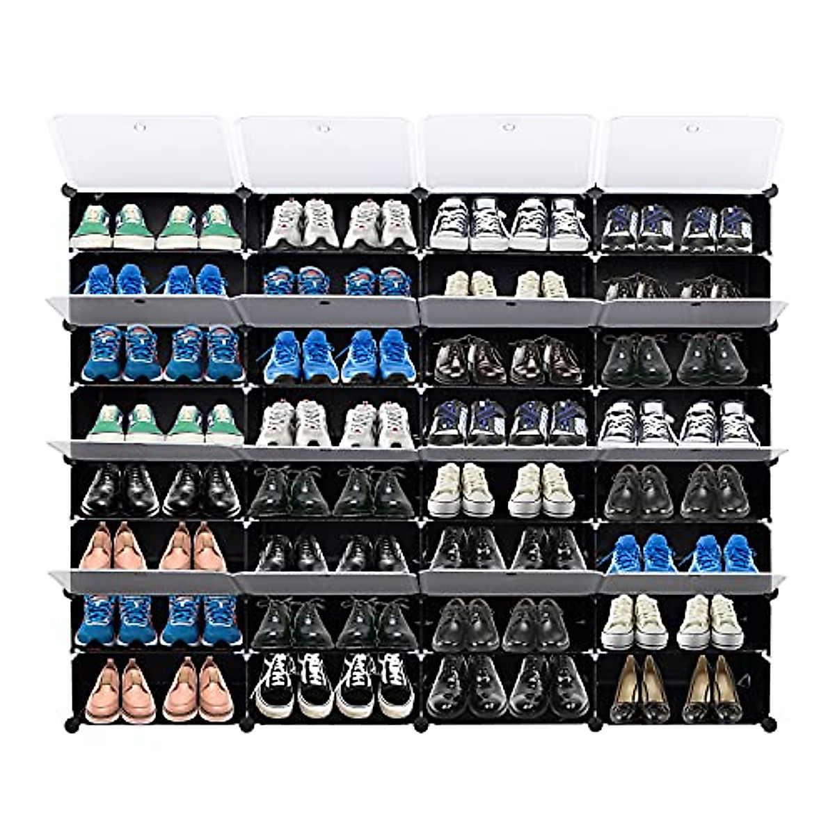 QXDRAGON 8-Tier Portable 64 Pair Shoe Rack Organizer 32 Grids Tower Shelf Storage Cabinet Stand Expandable for Heels, Boots, Slippers, Black