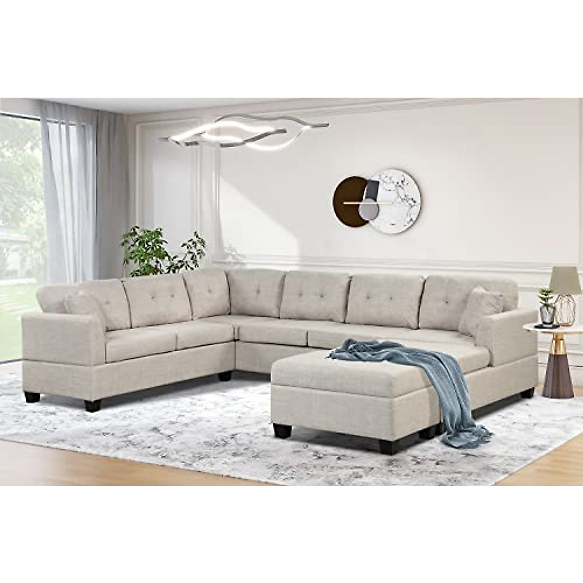 P PURLOVE Sectional Sofa, Large Sectional Sofa with Storage Ottoman, U Shaped Linen Sectional Couch with 2 Throw Pillows for Living Room, Large Space Apartment (Beige)