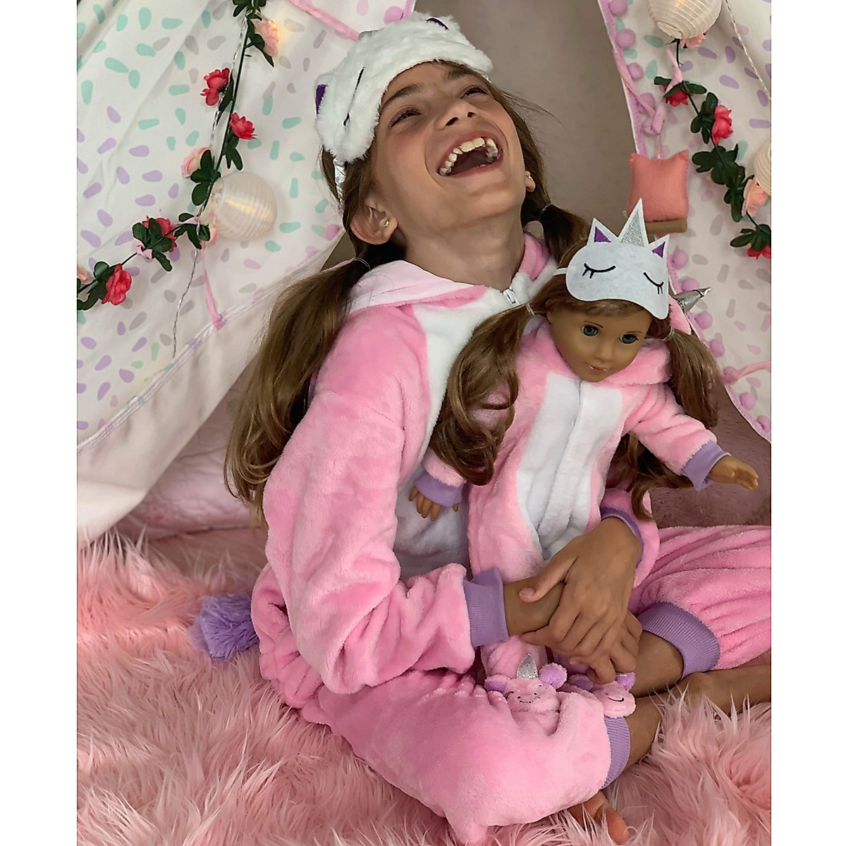 MY GENIUS DOLLS Unicorn Matching Onesie Pajamas and Sleepmasks - Fits Girl and 18 inch Doll Like American (Doll Not Included)