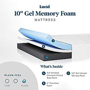 Lucid 10 Inch Memory Foam Plush – Gel Infusion- Hypoallergenic Bamboo Charcoal- Queen Size Mattress,White