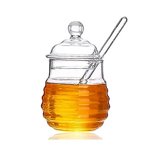 Bee-hive Honey Jar Glass Honeypot, Honey Syrup Dispenser with Dipper and Lid for Home Kitchen