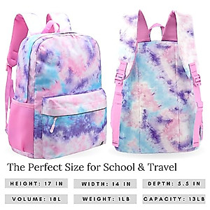 Fenrici Kids' Tie Dye Backpack with Lunch Box Set for Girls, School Bag with Laptop Compartment and Insulated Lunch Bag, Pink Tie Dye, Pink Trims