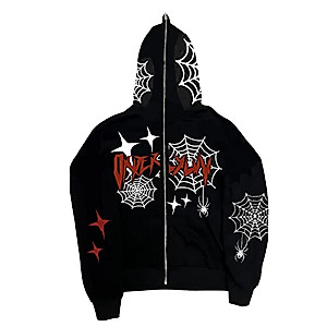Amiblvowa Womens Men Rhinestone Spider Web Graphic Hoodies Y2k Full Zip Up Over Face Gothic Skull Oversized Jacket Streetwear