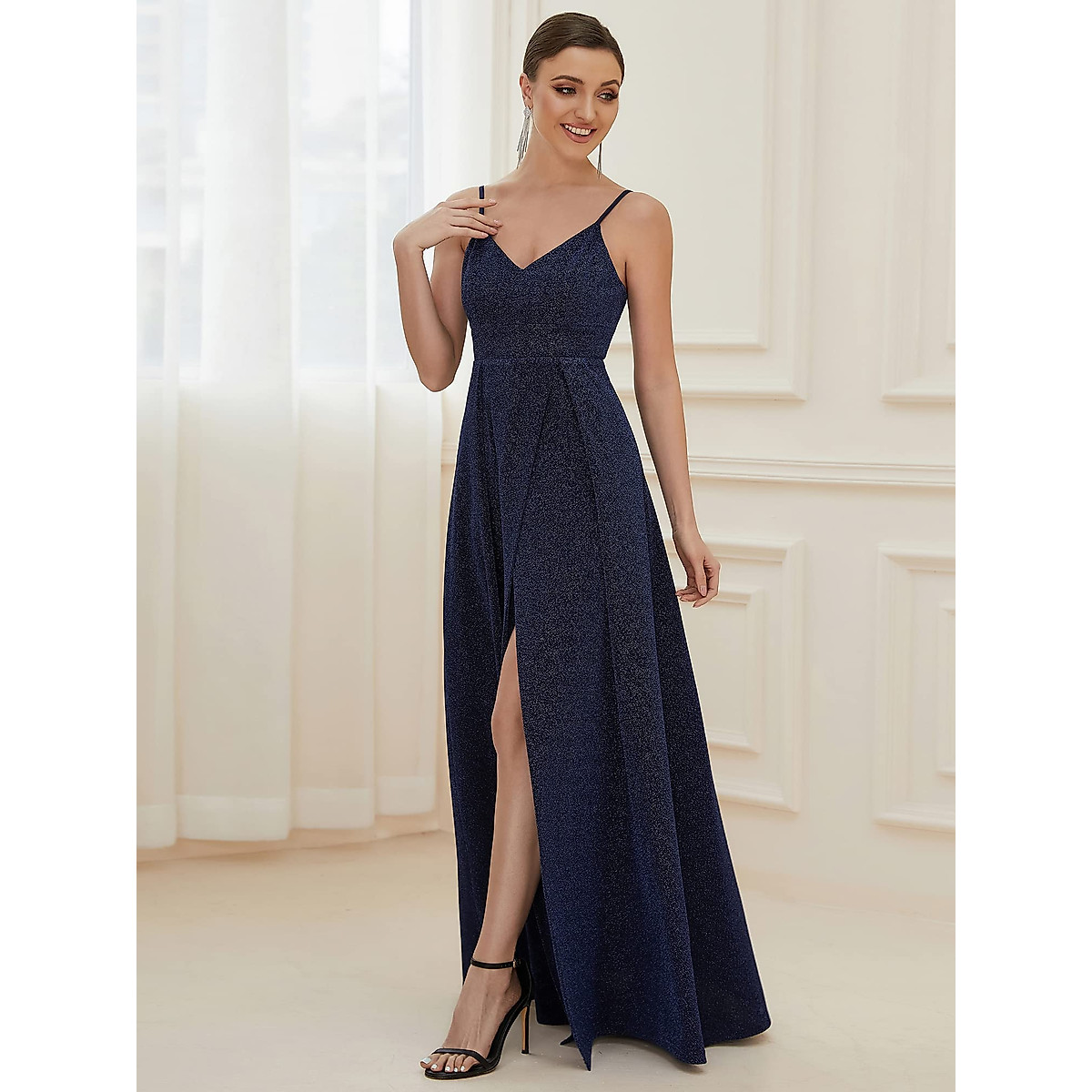 Ever-Pretty Women's Spaghetti Strap Summer V-Neck Formal Prom Evening Dress with Slit Navy Blue US6