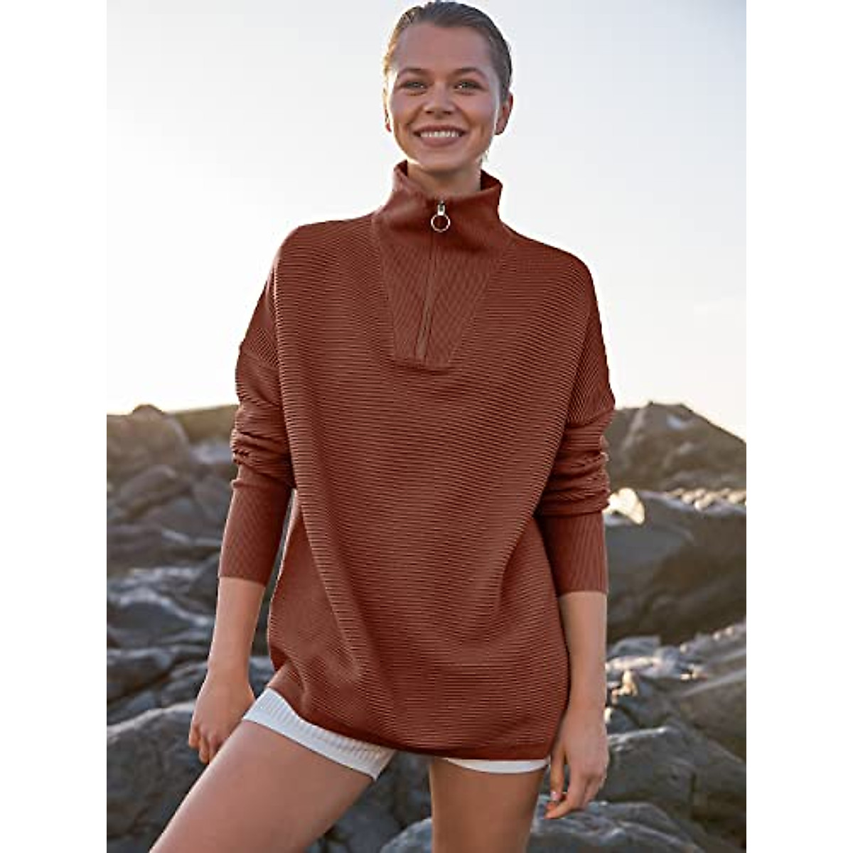 ANRABESS Oversized Sweater for Women Quarter Zip Pullover Casual Long Sleeve Half Zip Collared Lapel V Neck Baggy Slouchy Knitted Tunic Jumper Clothes 2023 Fall 802xiuhong-M Rust