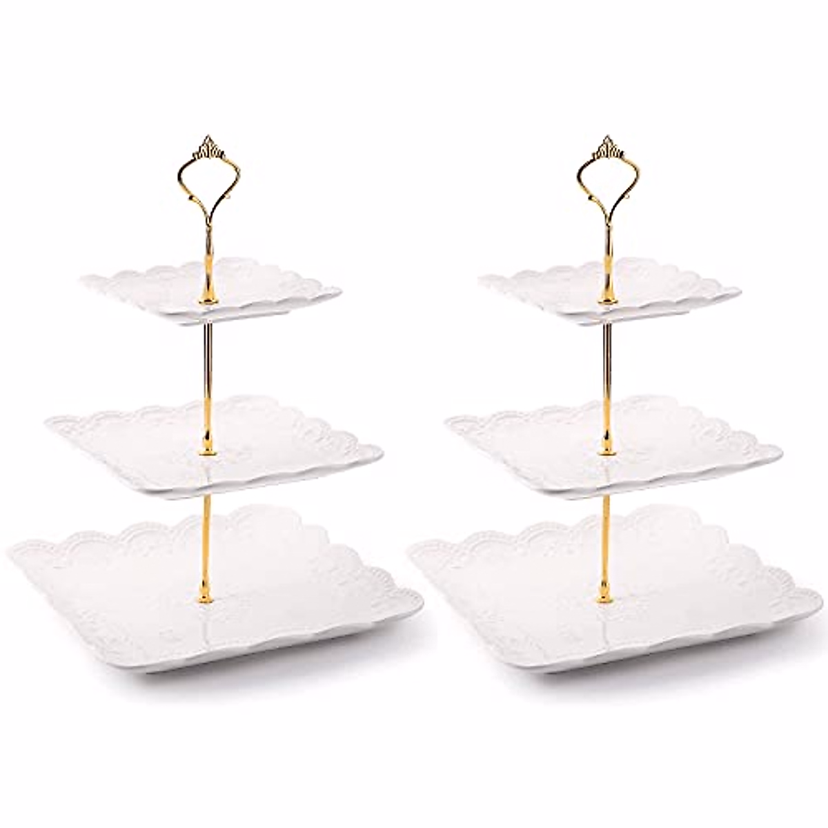 Tebery 2 Pack 3-Tier White Ceramic Embossed Dessert Cake Tower Stand with Gold Carry Handle, Cupcake Stand Serving Trays, Porcelain Party Food Server Display Holder