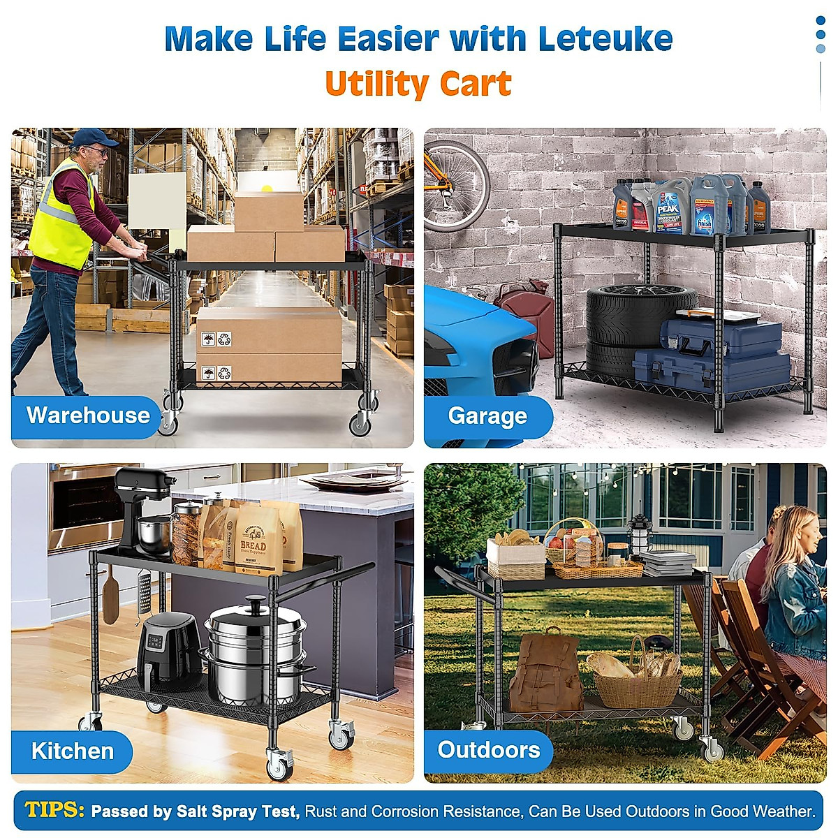 Leteuke 2 Tier Utility Cart with Wheels, NSF Certified 900LBS Capacity Heavy Duty Rolling Utility Carts with Handle Bar, Commercial Grade Metal Serving Storage Cart for Warehouse Kitchen, Gold