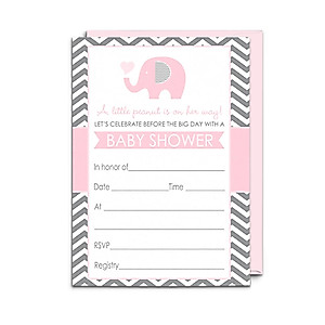 Paper Clever Party Pink Elephant Baby Shower Invitations and Envelopes (15 Pack) Baby Girls Invites for Sprinkle DIY, Cute Printed Card Set with Jungle Theme, 4x6
