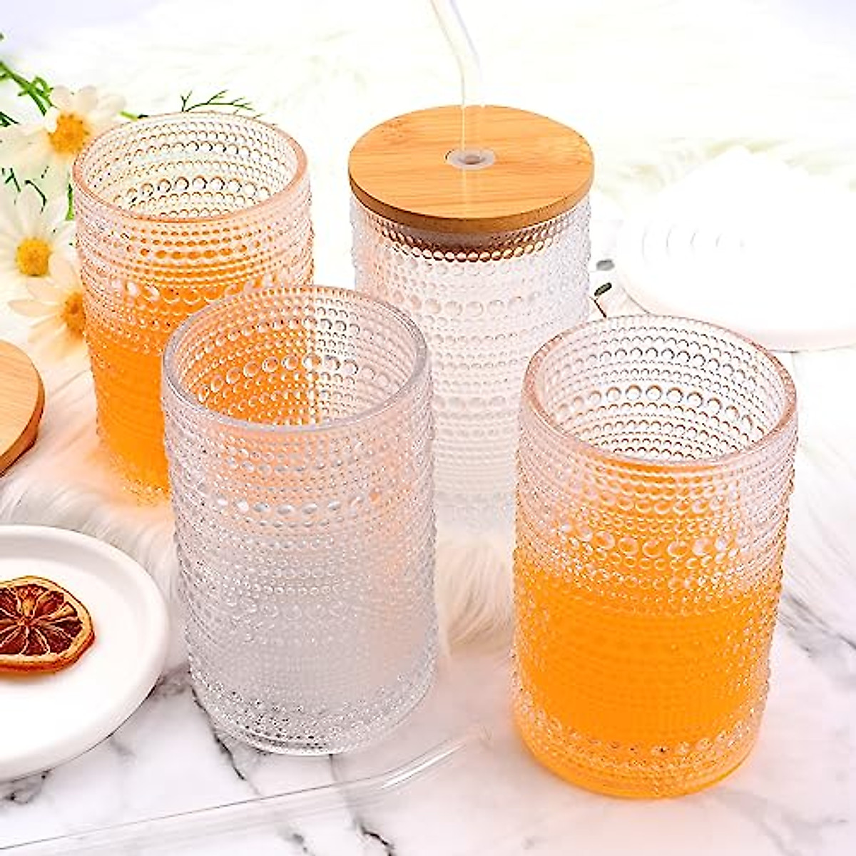 Vintage Drinking Glasses Set of 4 with Bamboo Lids and Straws, 16 oz Textured Clear Striped Ribbed Glassware Set Old Fashion Beaded Glass Cups Embossed Iced Coffee Cup for Beer, Cocktail, Beverage