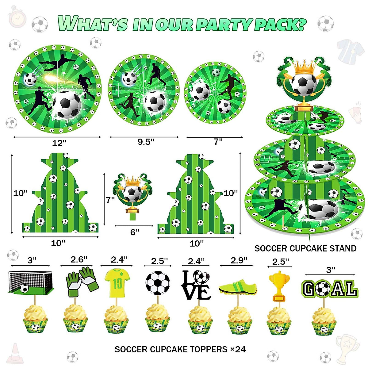 25 PCs Soccer Cupcake Stand 3-Tier and Soccer Cupcake Topper Set, Fiesec Soccer Theme Party Supplies Cardboard Dessert Tower Holder Round Serving Stand Holder Sports Ball
