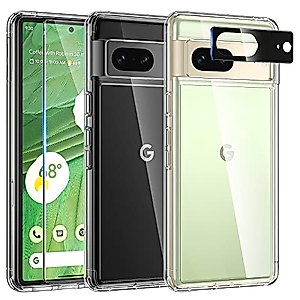 TAURI [5 in 1 Designed for Google Pixel 7 Case Clear, [Not Yellowing] with 2 Tempered Glass Screen Protector + 2 Camera Lens Protector, [Military Grade Drop Protection] Slim for Pixel 7 Phone Case