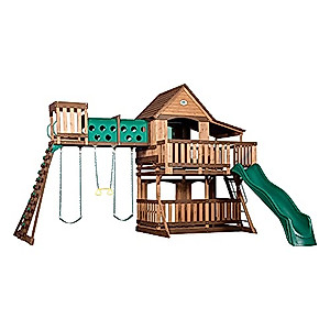 Backyard Discovery Woodridge Elite All Cedar Wood Swing Set, Upper and Lower Deck, Sandbox, Vented Tunnel, Rock Climbing Wall, Coated Rope Belted Swings, Acrobat Bar, Bench Seating, 10 ft Slide
