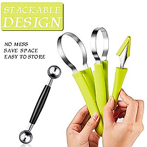 2 Pieces Melon Baller Scoop Set, 4 In 1 Stainless Steel Fruit Scooper Seed Remover Melon Baller Carving Knife Double Sided Melon Baller for Watermelon Ice Cream